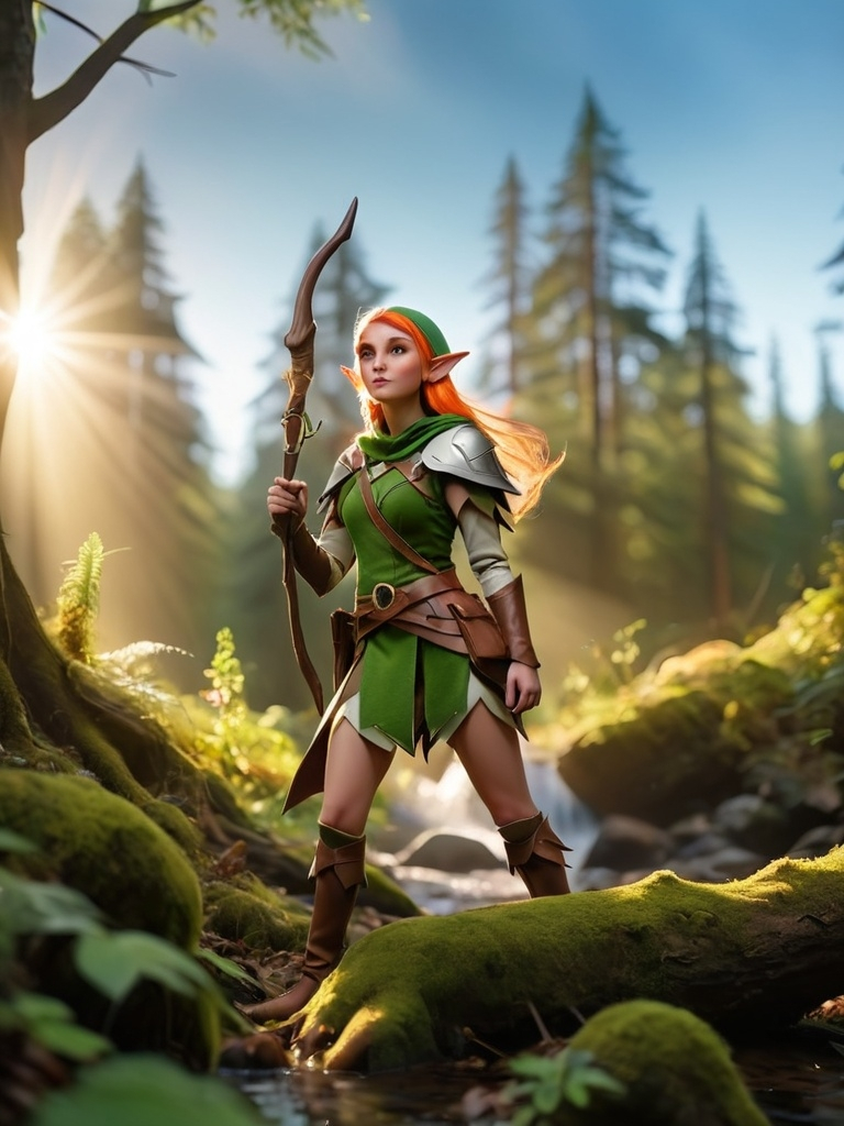 Elf ranger in a mystical forest around sunlight