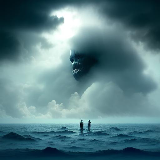 Faceless monster in the pacific ocean looming over t... | OpenArt