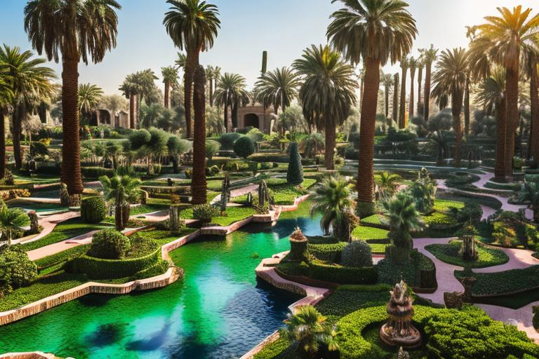 vast persian garden, palm trees, pools and fountains... | OpenArt