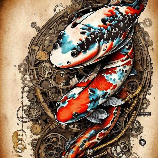 koi fish and cofee spill art with steampunk