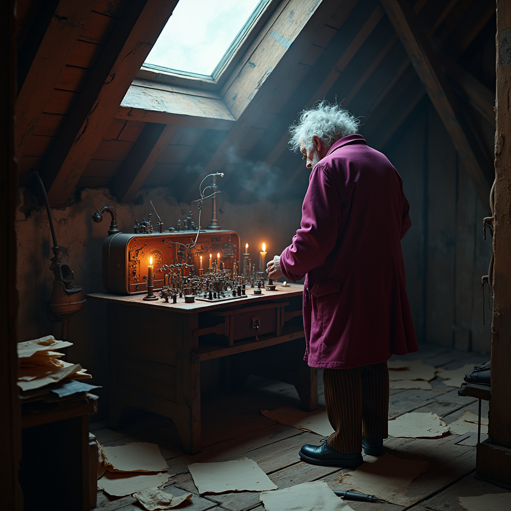 A mad disheveled gray haired scientist wearing a wor...
