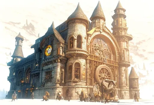 Exterior view of an inventors guild hall in a medie...