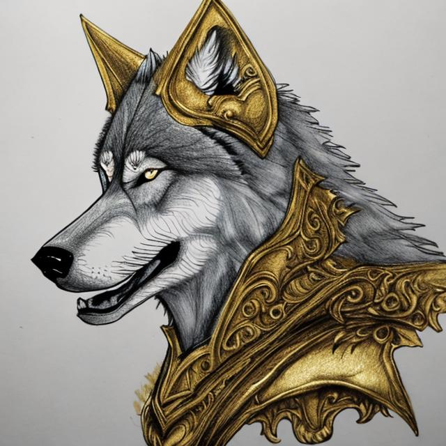 A sketch of A wolf in a golden armor.