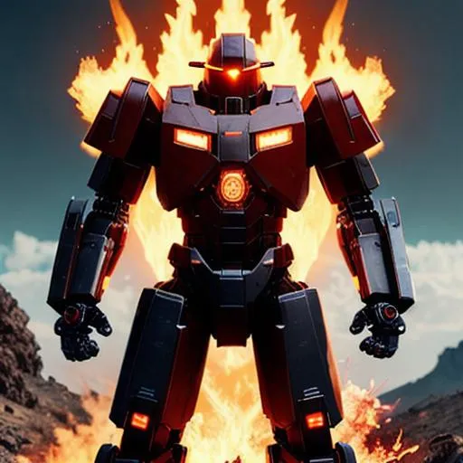 Giant robot, flamethrower in his hand, burns, cyber-... | OpenArt