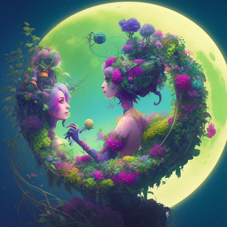 Lunarpunk, full of life, colorful, digital art | OpenArt