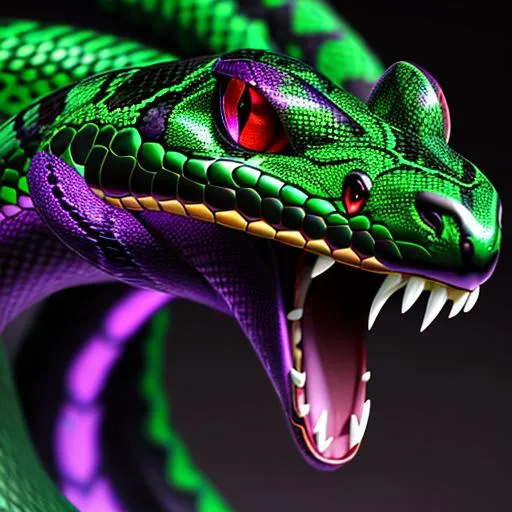 a face shot of a twelve-foot snake with black and gr...