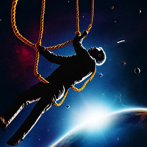 Man in a space hanging on rope