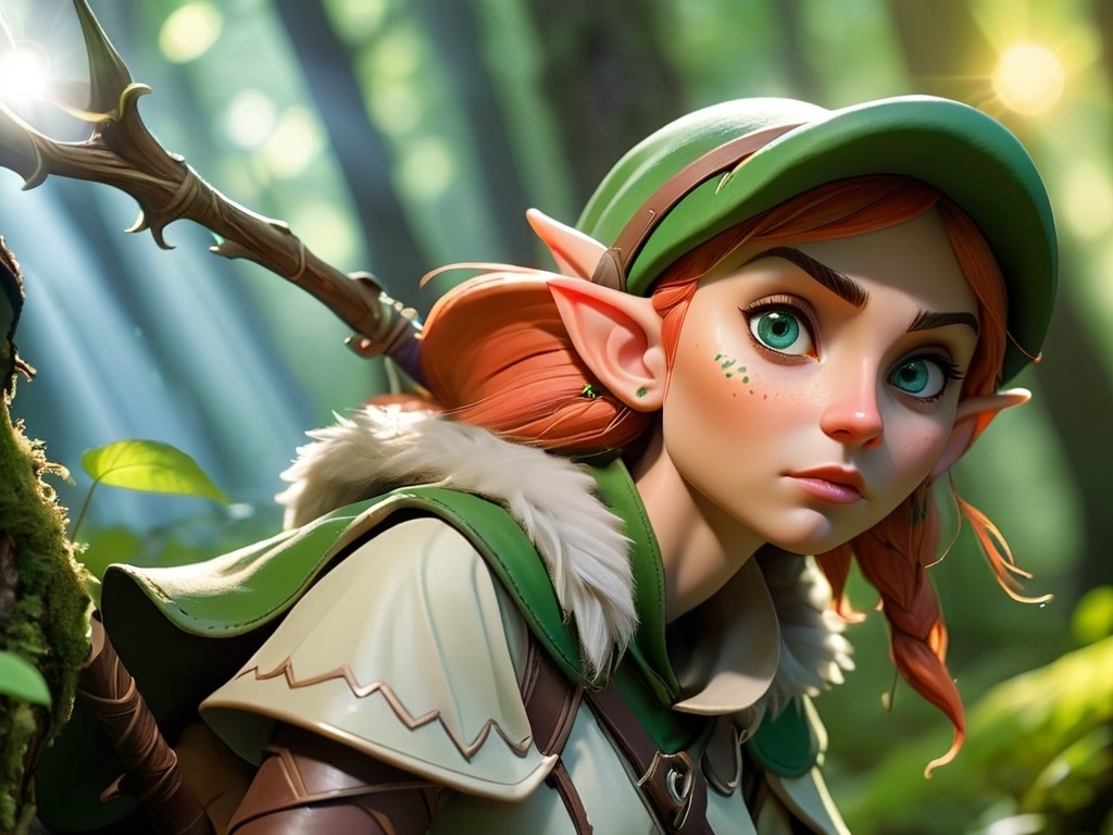 Elf ranger in a mystical forest around sunlight