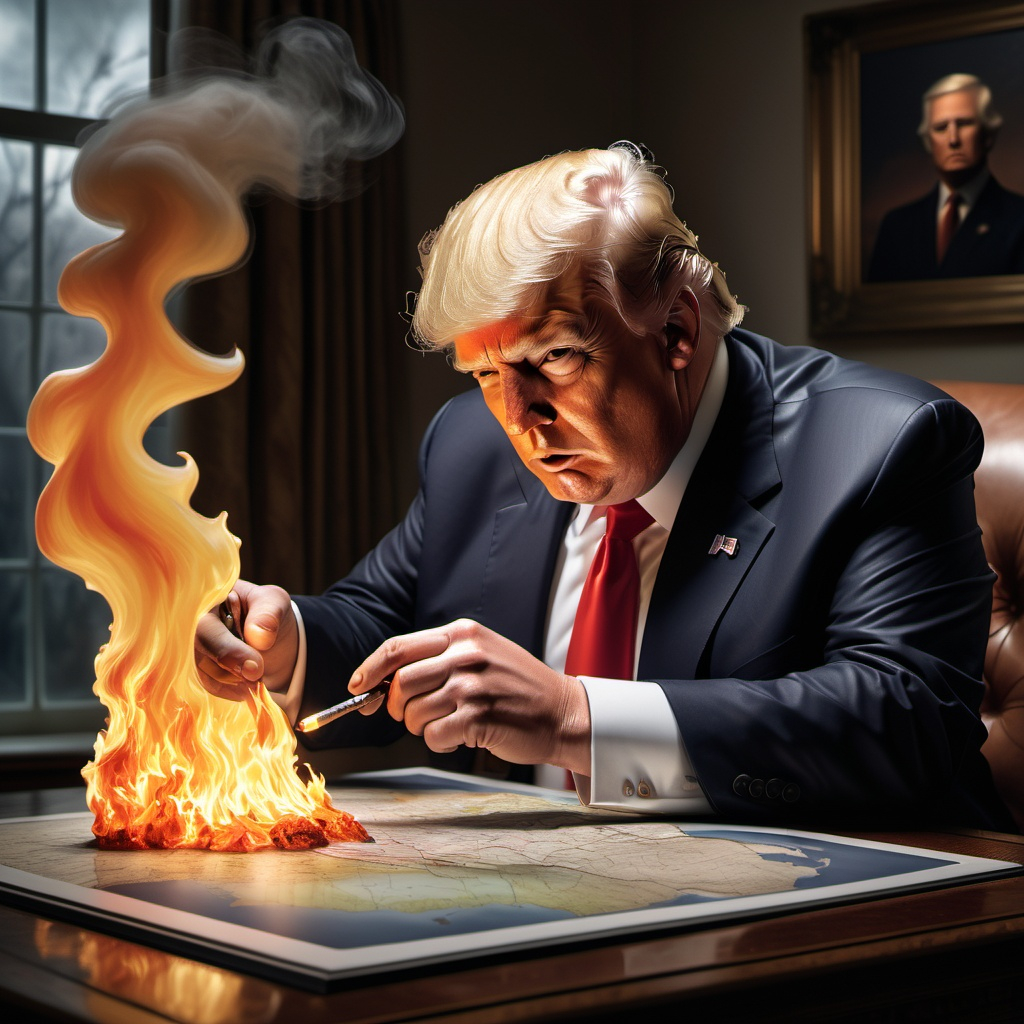 Donald Trump setting a map of the United States on f...