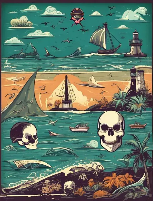 skulls, tropical beach, surfboards, lighthouse pirat...