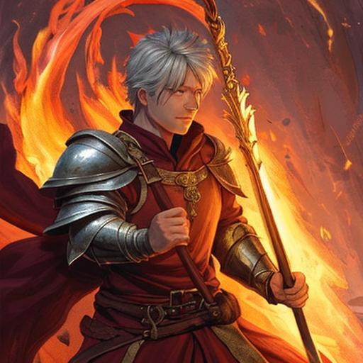 male cleric of fire with a quarterstaff