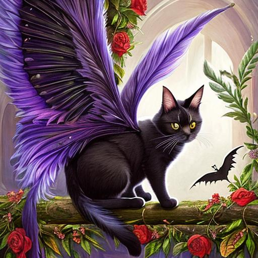 A cat, with two feather-covered bat wings, perfect c...
