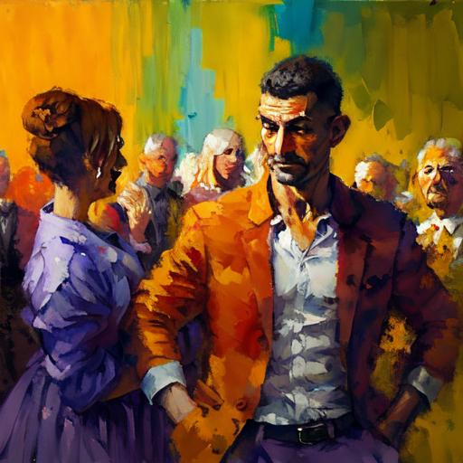 An oil painting of a lively party scene in one half,...