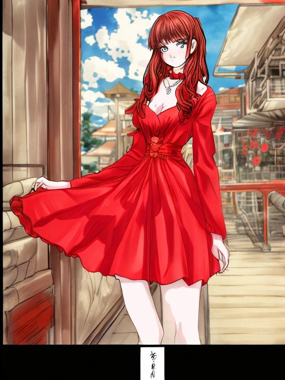 Lady in a red dress. Colored manga style.
