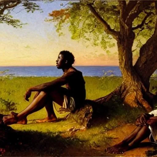 An escaped slave, with scarred legs, rests under a t...