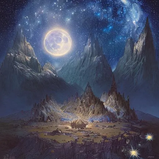 Amazing starry night above the mountains, full Moon,...