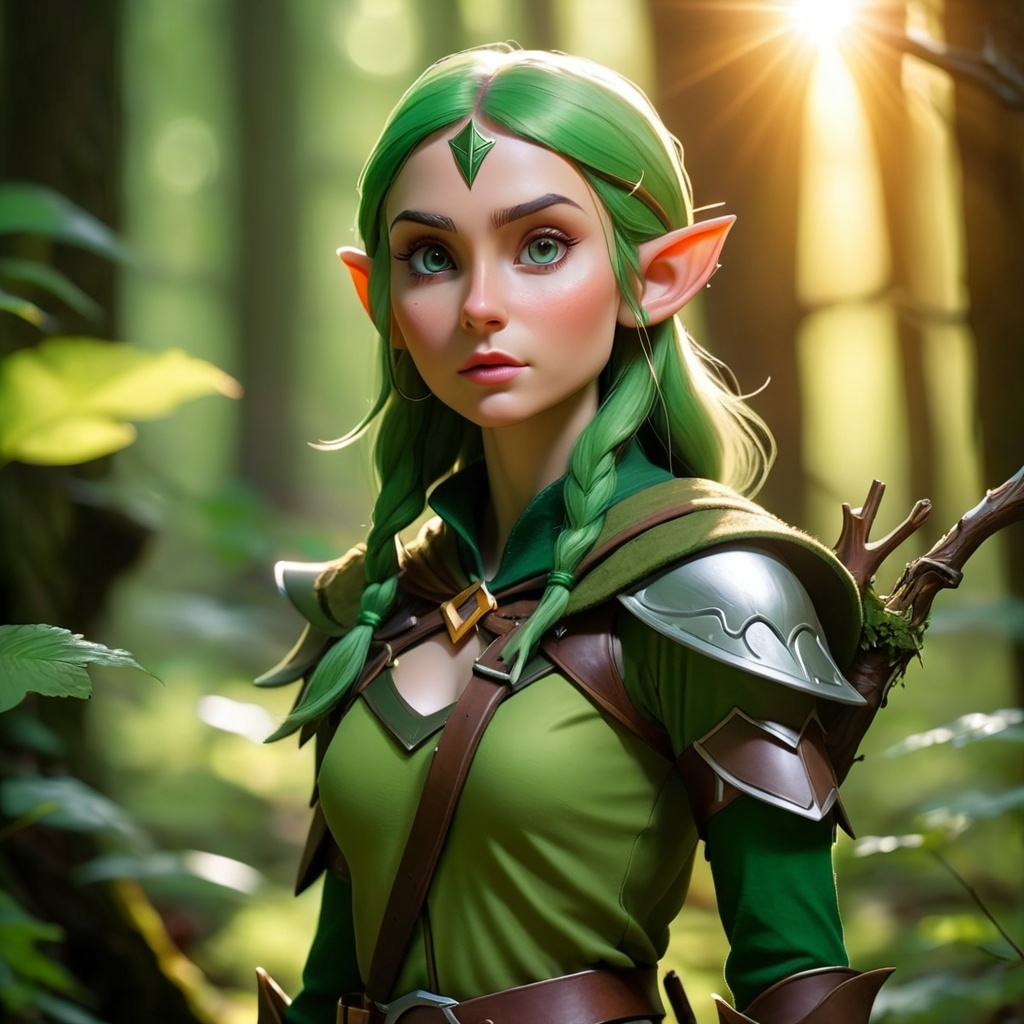 Elf ranger in a mystical forest around sunlight