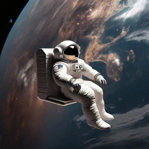 Astronaut in space sitting on a small astroid in fr...