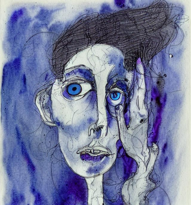 pen and ink drawing with blue and purple watercolor...