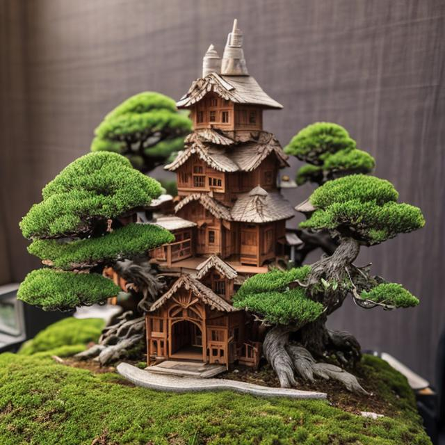 tiny wooden castle surrounded by juniper bonsai trees