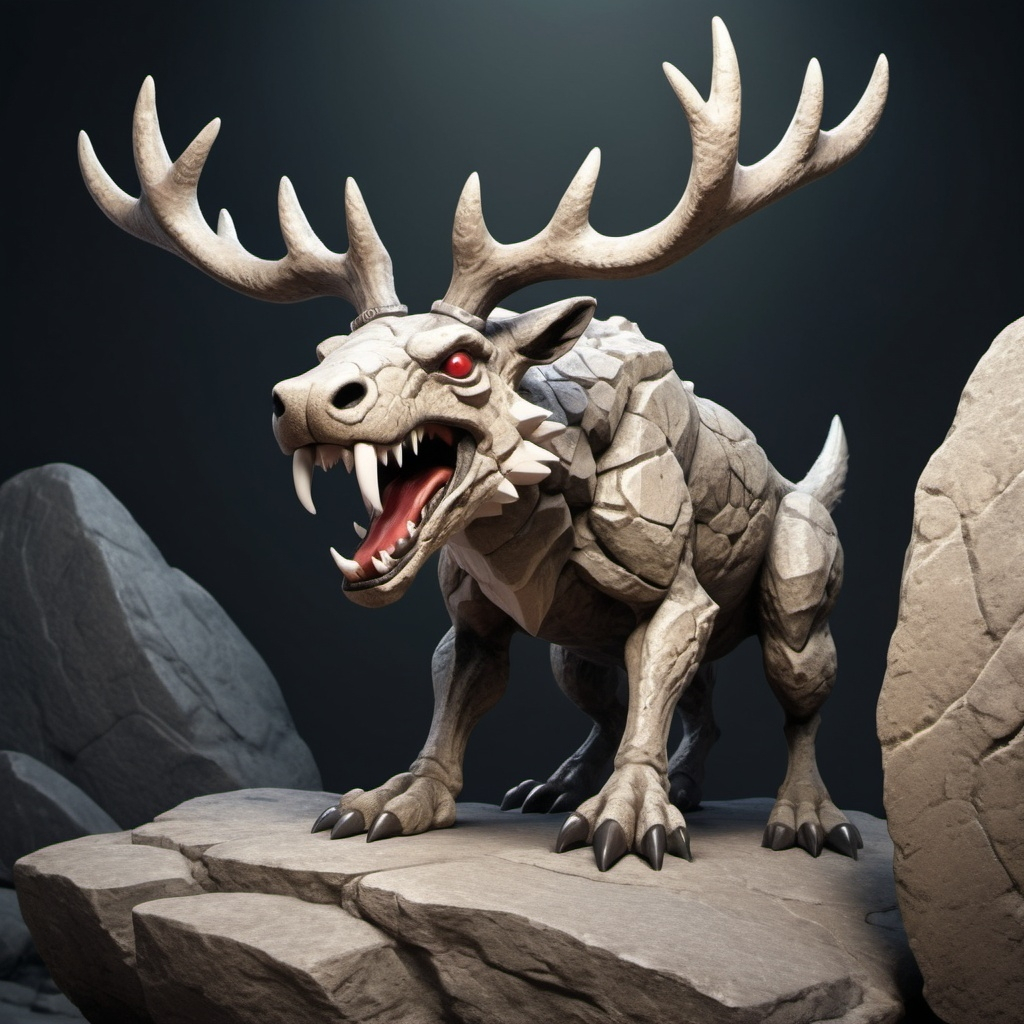 quadrupedal reptile with a reindeer head and fangs i...