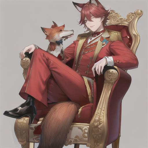 male fox in a vintage 1920s red and yellow Jester co...