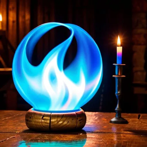 blue flame orb on wooden table in a medieval castle | OpenArt