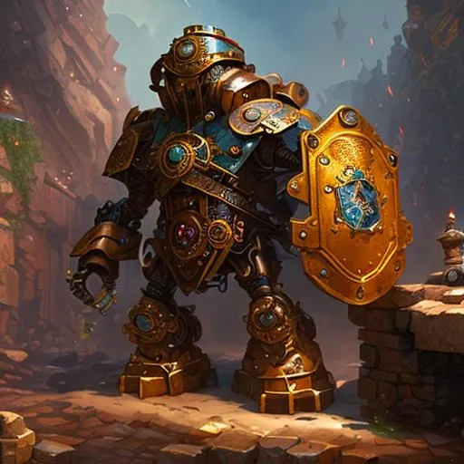 Magic mechanical golem with blue energy glowing core... | OpenArt