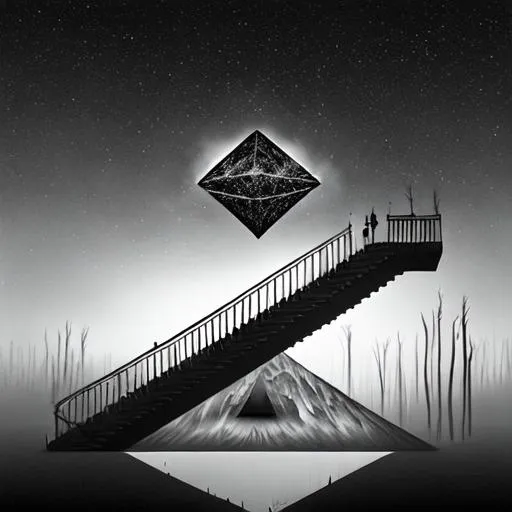 A giant crystal floating in the void, with a stairca... | OpenArt