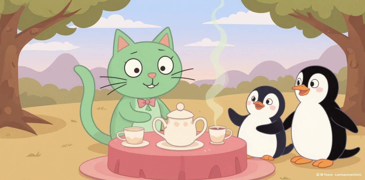 A green cat having a tea party with penguins in a dr...