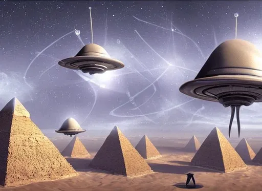 Aliens building the pyramids from a flying saucer