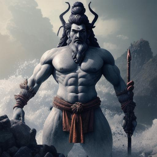 God Shiva erupting from tidal tsunami, dark waters,... | OpenArt