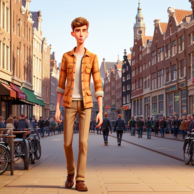 Tall young man walking down the high street in Amste...