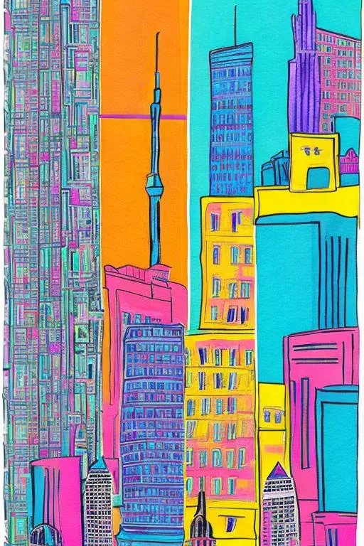 A cityscape pop art in pastels, painted with waterco... | OpenArt