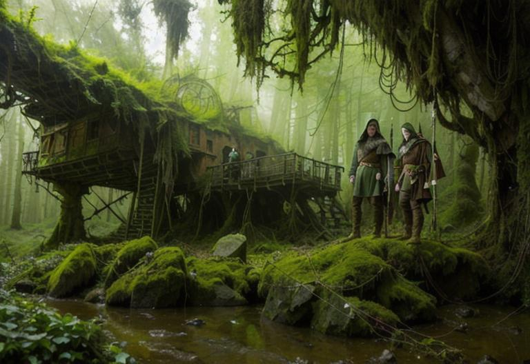 elven scout rangers, worn clothes, cloak, leather, b... | OpenArt