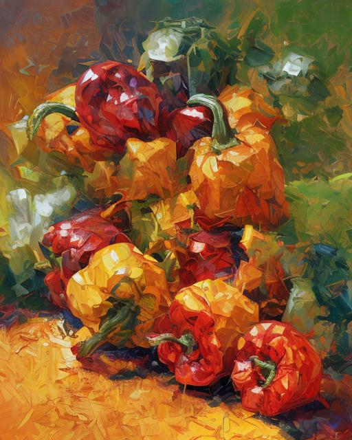 Peppers, abstract thick impasto oils, colorful, ultr... | OpenArt