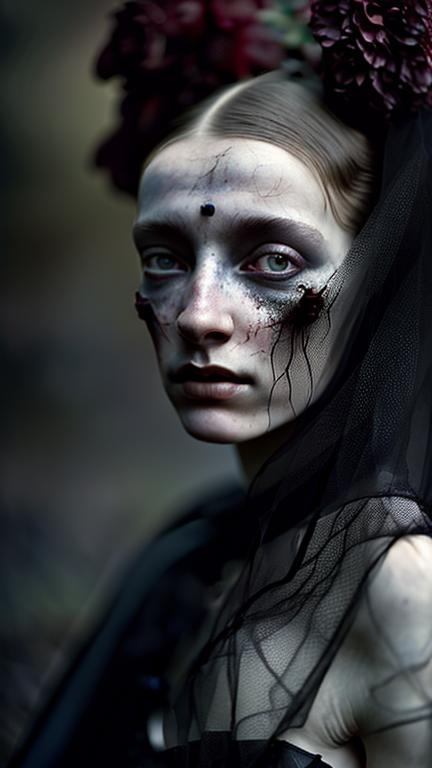 Beautiful Lilith, wearing a worn black dress, at the...