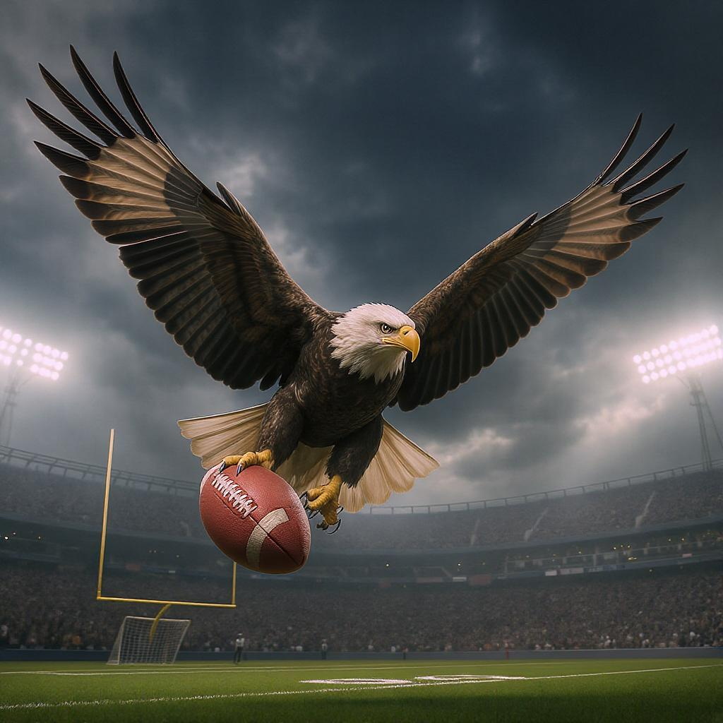 Photo realistic eagle flying up from a football fiel...