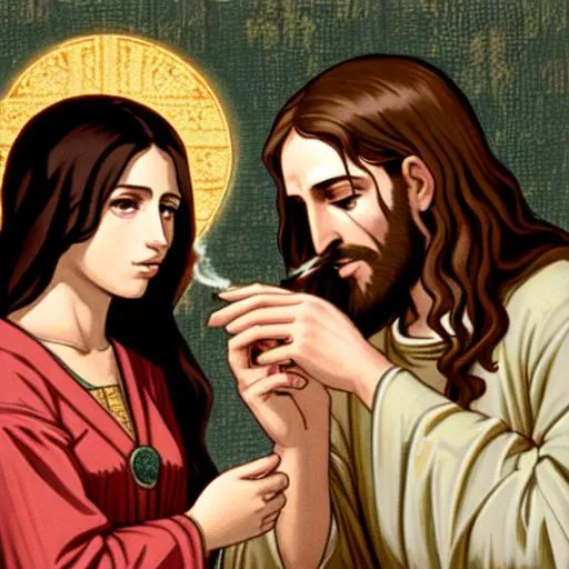 Jesus in renesance smoking weed with Maria holy icon | OpenArt