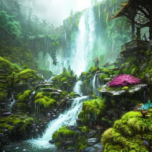 Jessica Nigri on a mossy rock, under a waterfall, we... | OpenArt