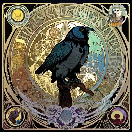 A raven, an owl and a falcon in tree in the milky wa... | OpenArt