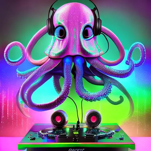 rave octopus, octopus with headphones as discjockey,...