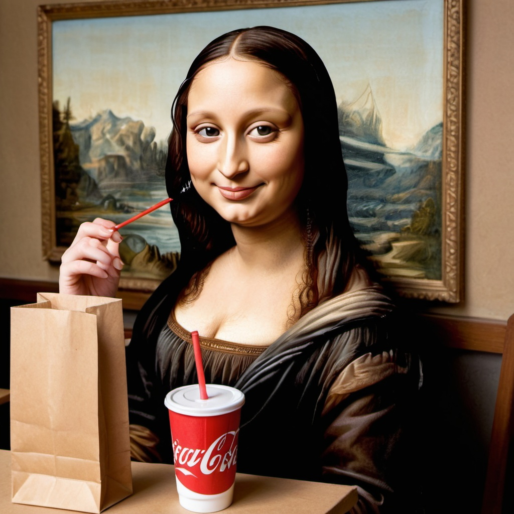 Mona Lisa smiling while sipping soda through a stra...