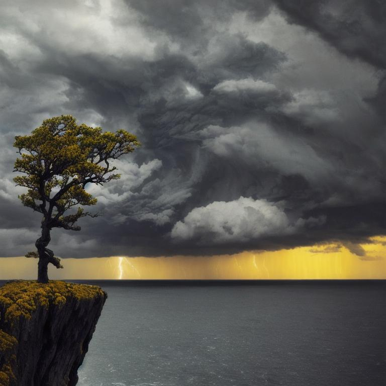 Tortured isolated lonely scary black tree on a cliff... | OpenArt