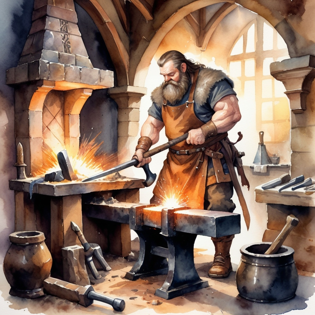 Dwarven blacksmith crafting a majestic sword, waterc...