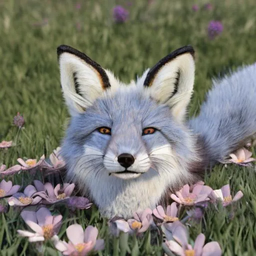 nine-tailed blue fox laying on a bed of flowers