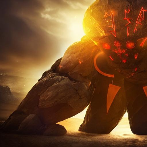 realistic living rock titan with yellow glowing rune...