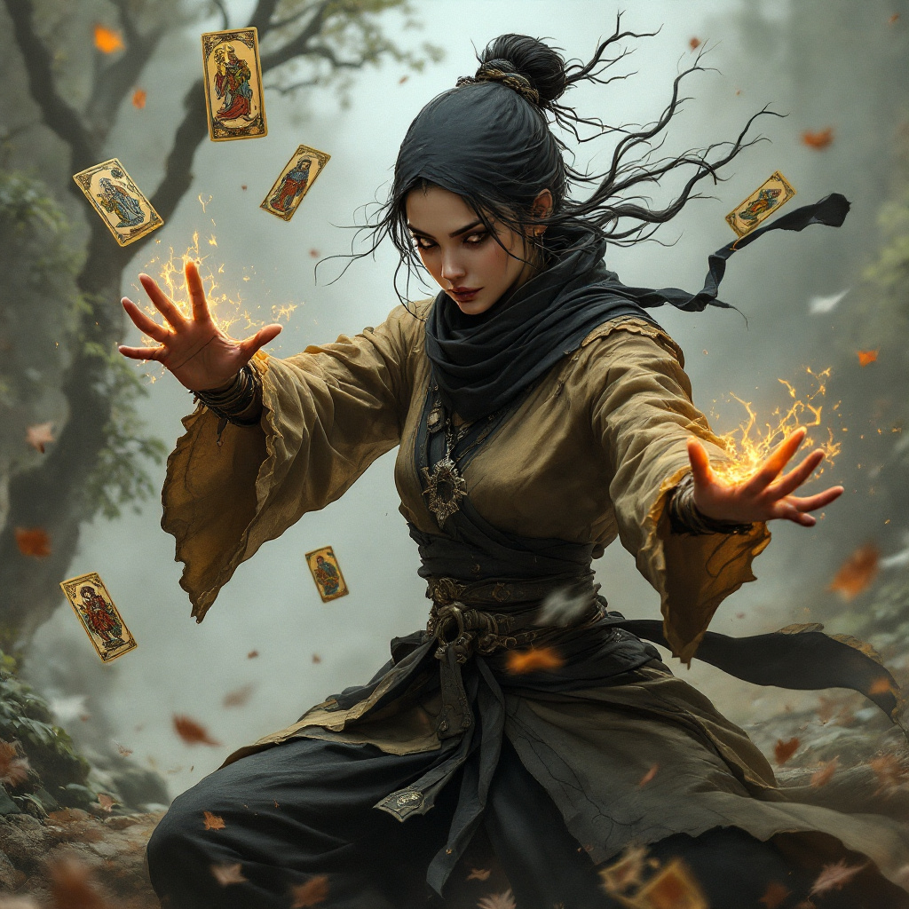 A female monk in ninja fashion that uses tarot cards...