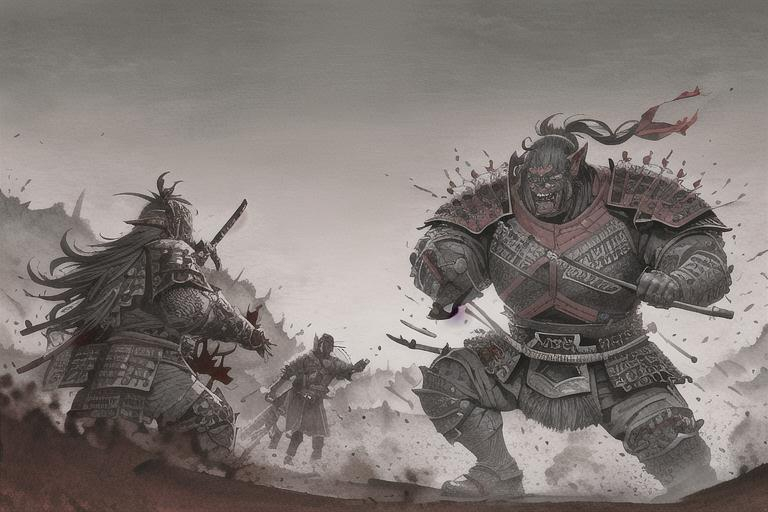 a battle between a samurai and an intimidating orc w... | OpenArt