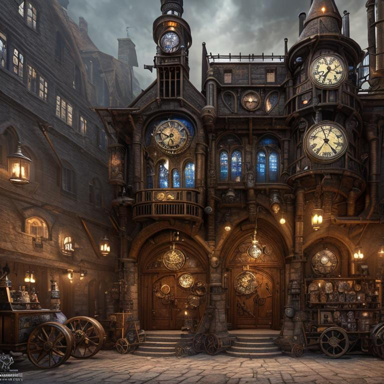 Exterior view of an inventors guild hall in a medie...